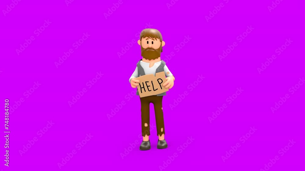 3D Animated Cartoon Homeless Man Standing Helplessly Seeking Help With ...