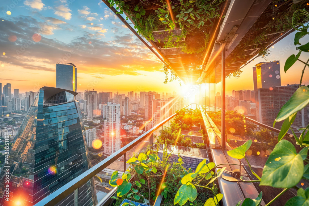 Urban architecture and balconies integrating greenery and solar panels ...