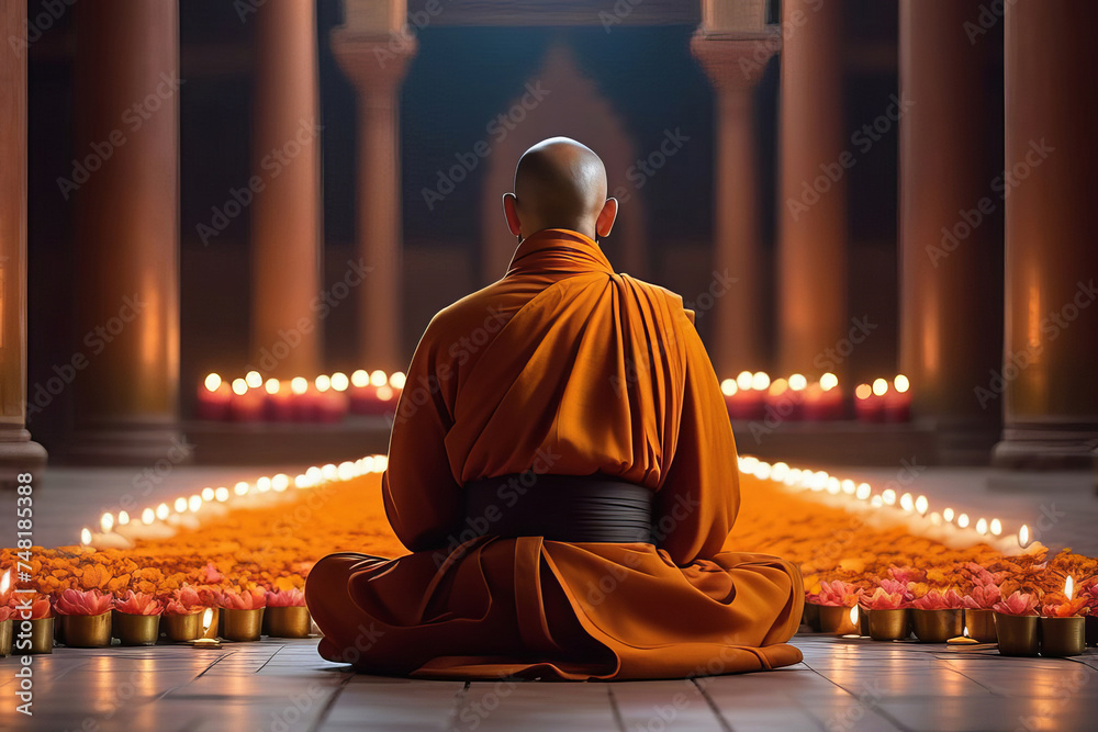 Buddhist monk praying in the temple, Tibet, Asia. view from back Stock ...
