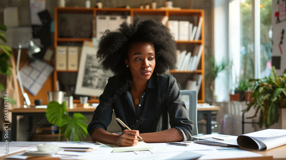 A young black woman office worker carefully organizes documents, makes ...