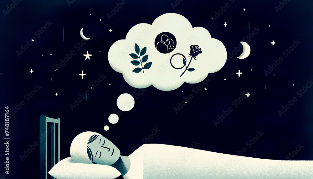 A minimalist depiction of a woman sleeping peacefully, with a cloud ...