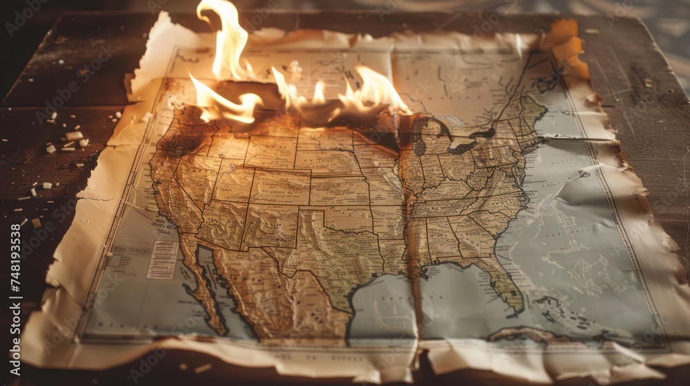 Burning State Map Symbolizes Political Chaos and Division in America ...
