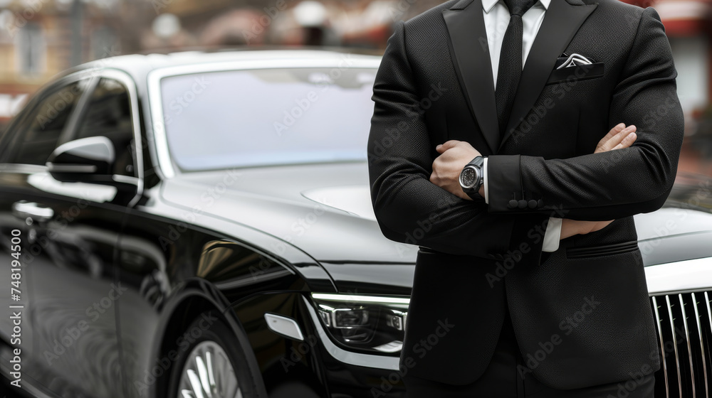 A business driver stands by an upscale car, exhibiting professionalism ...