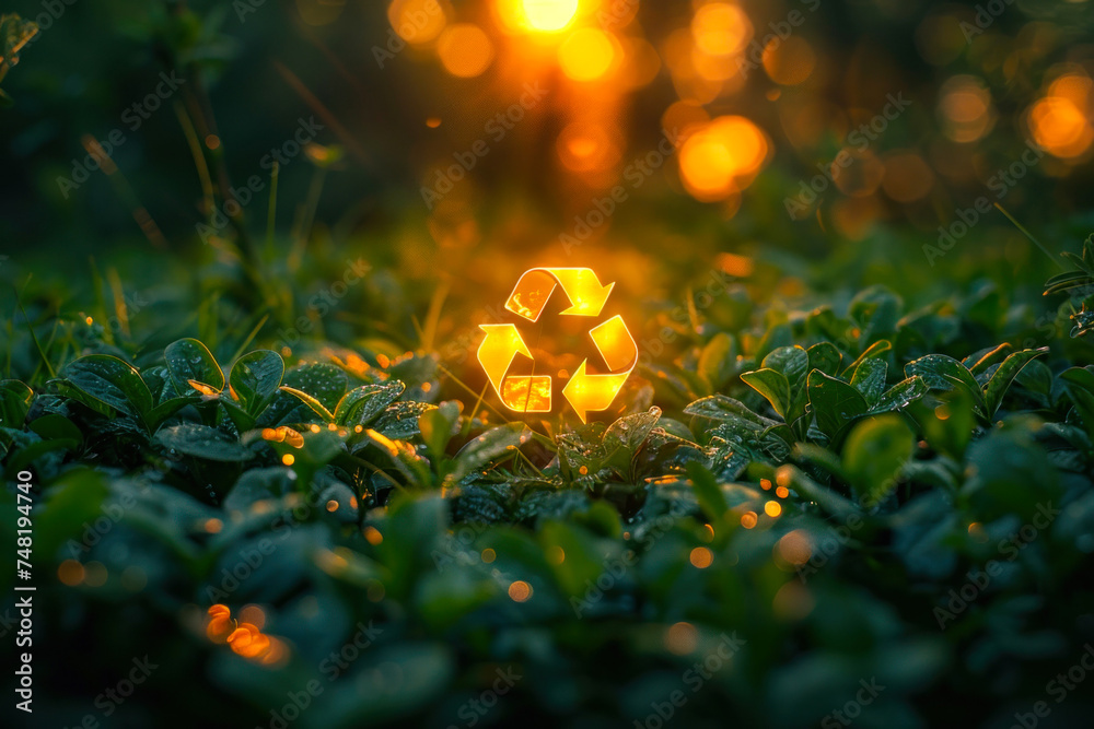 Early morning scene of a bright recycle logo shining through dew ...