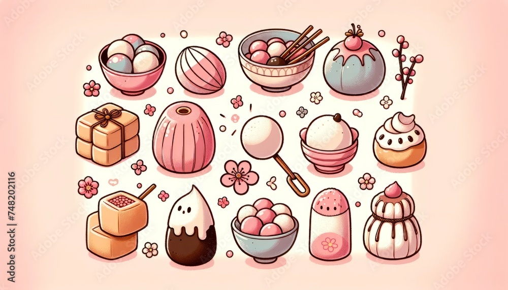 An Array Of Cute Japanese Desserts With A Pastel Color Palette Perfect For Culinary Designs On A