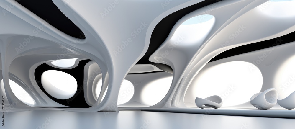 A white building adorned with intricate black and white designs ...