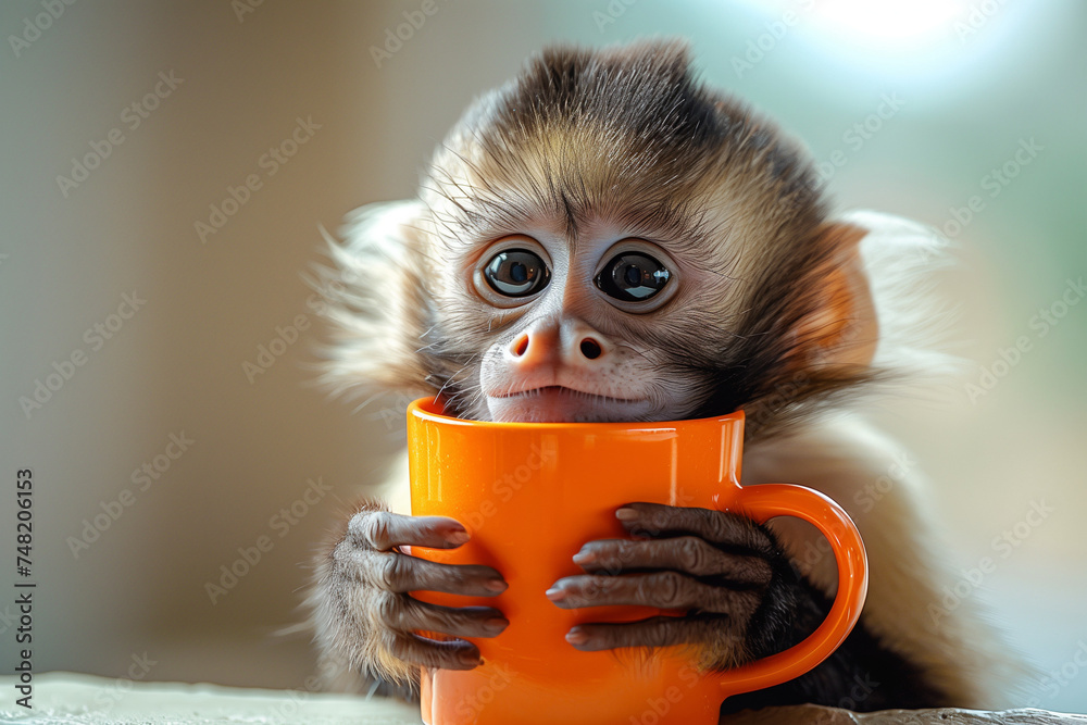 Capuchin monkey hugging a cup isolated on transparent background ...