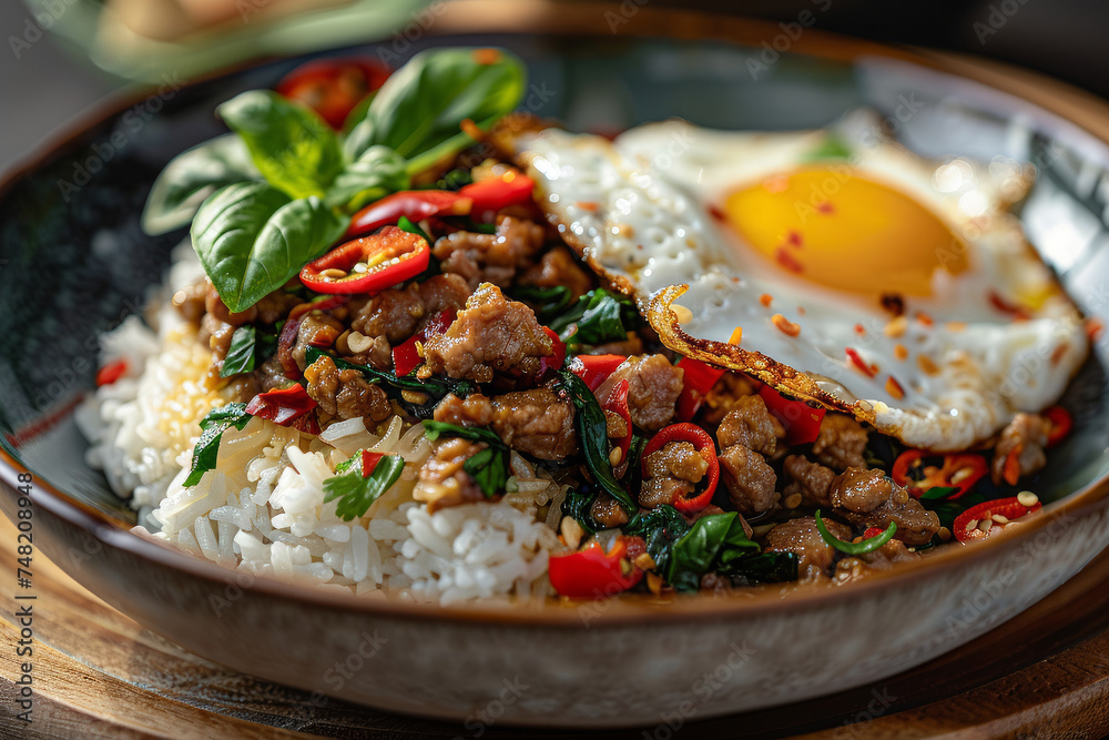 Pad Krapow Moo Saap, Spicy Thai stir-fried Basil and Pork on rice ...