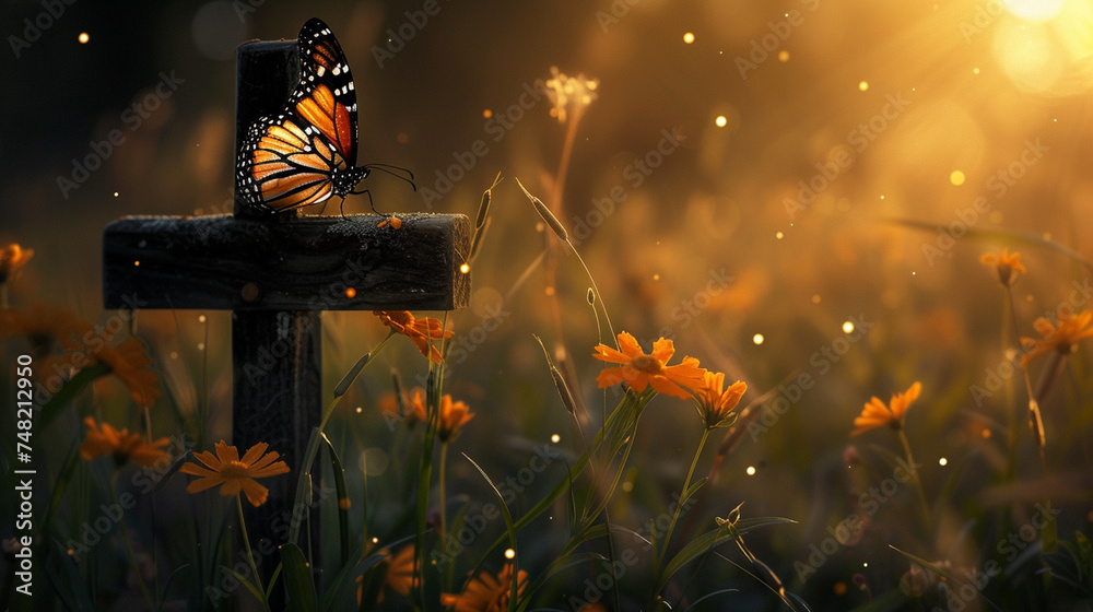 A butterfly alighting on the arm of a cross, its transformation from ...