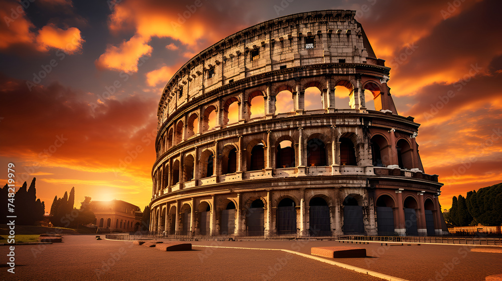 A majestic view of the Coliseum, also known as the Flavian Amphitheatre ...