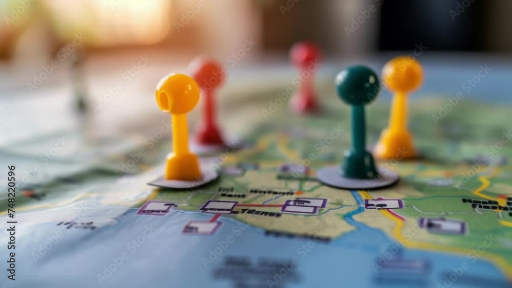 Vidéo Stock Detailed shot of a map with pins and sticky notes marking ...