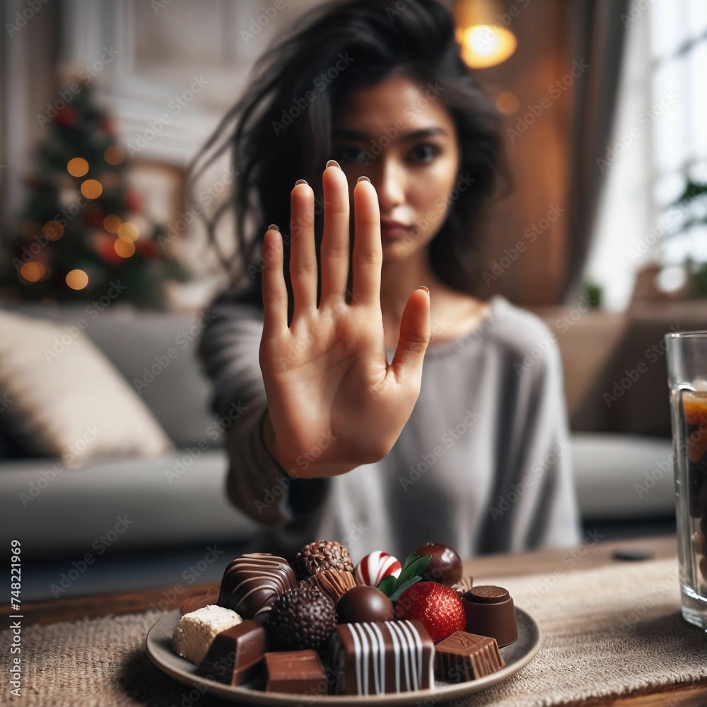 Woman on a sugar free or low carb diet, saying no to sweets and ...