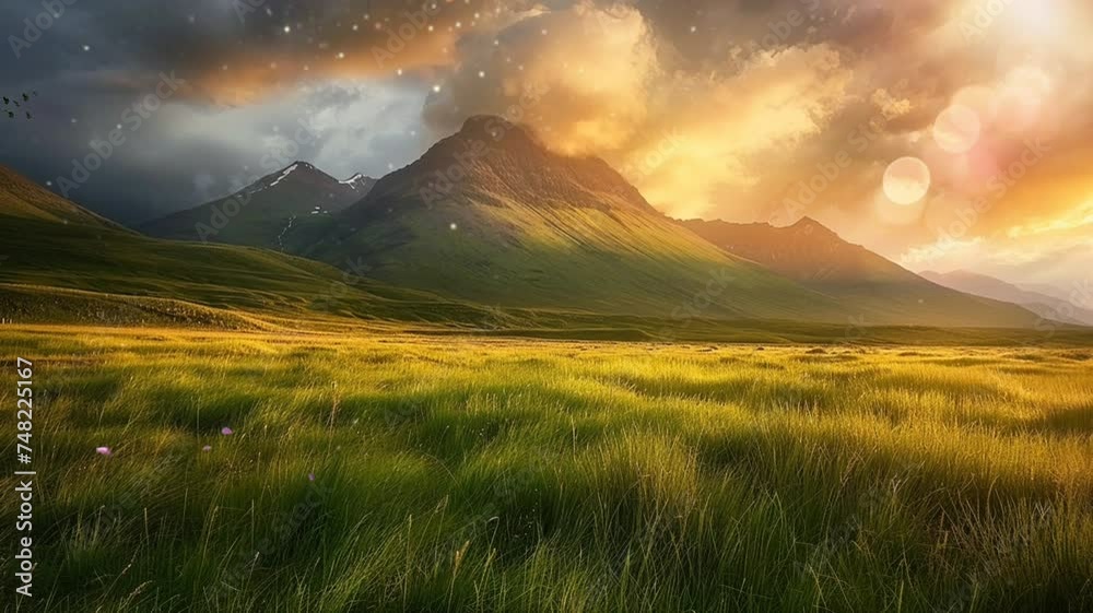 Scene of a grassland with a mountain as a background in the afternoon ...