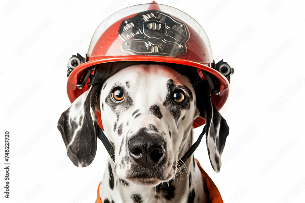 Dalmatian dog in firefighter helmet isolated on white background. Fire ...