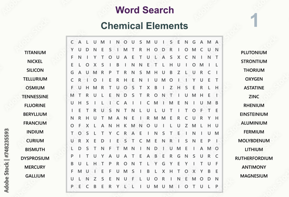 Word search puzzle vector (Word find game) illustration. Chemical ...