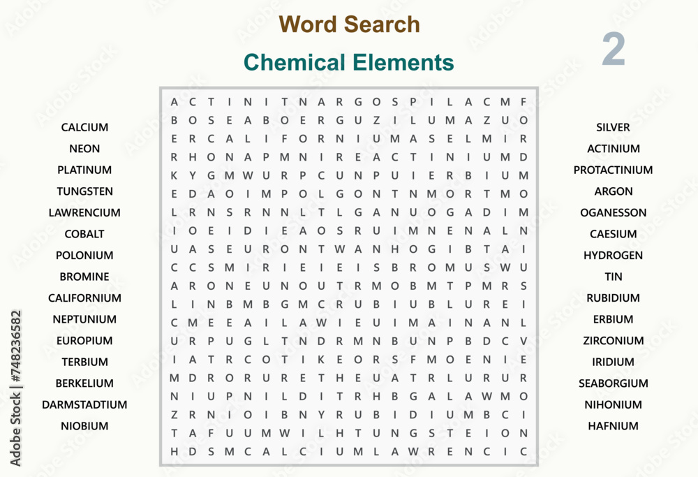 Word search puzzle vector (Word find game) illustration. Chemical ...