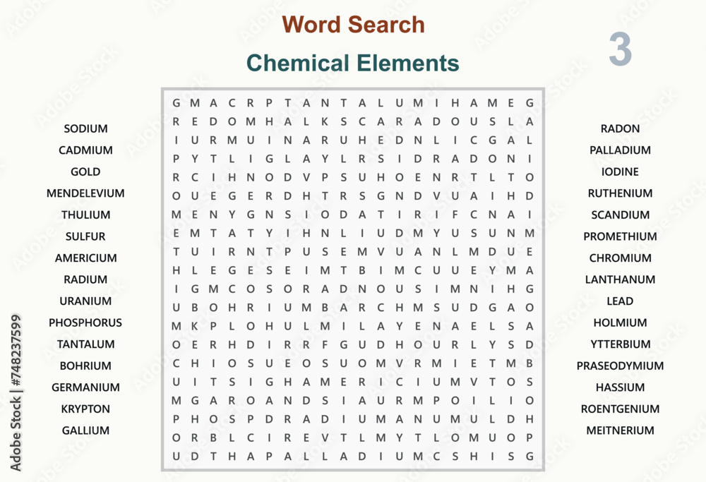 Word search puzzle vector (Word find game) illustration. Chemical ...