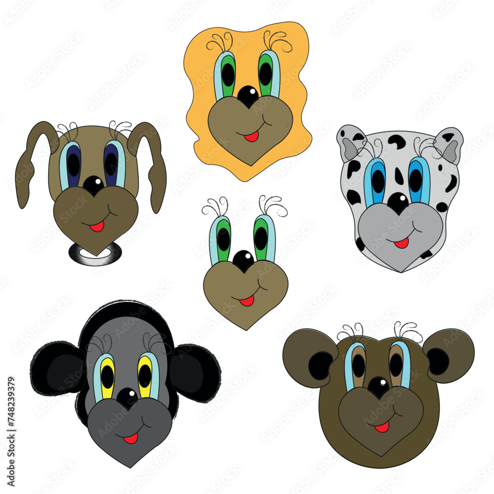 Five different types of masks, with the main face drawn in the center ...