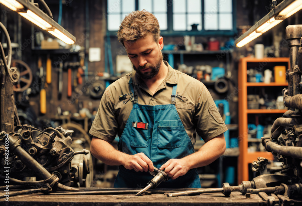 Persona en taller mecánico, reparando maquinaria, ambiente de trabajo ...