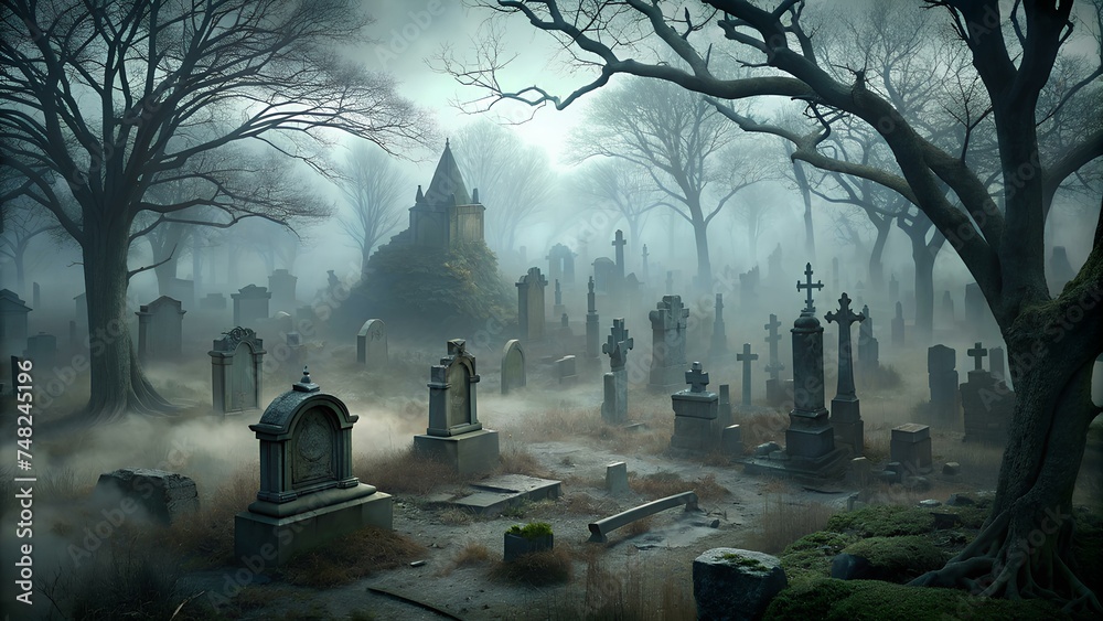 Ethereal Halloween Cemetery Scene: Atmospherically Shrouded Graveyard Set amidst Dense Fog ...