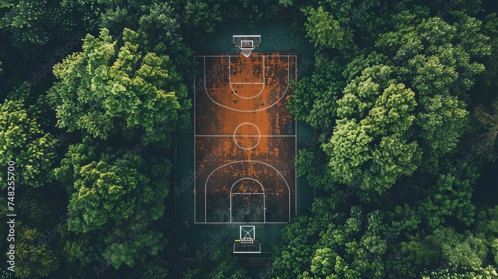 basketball landscape, surrounded by tall trees, top view Stock ...