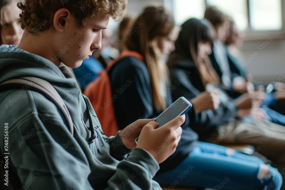 Student is focused on his smartphone among peers in classroom setting ... Student is focused on his smartphone among peers in classroom setting ...