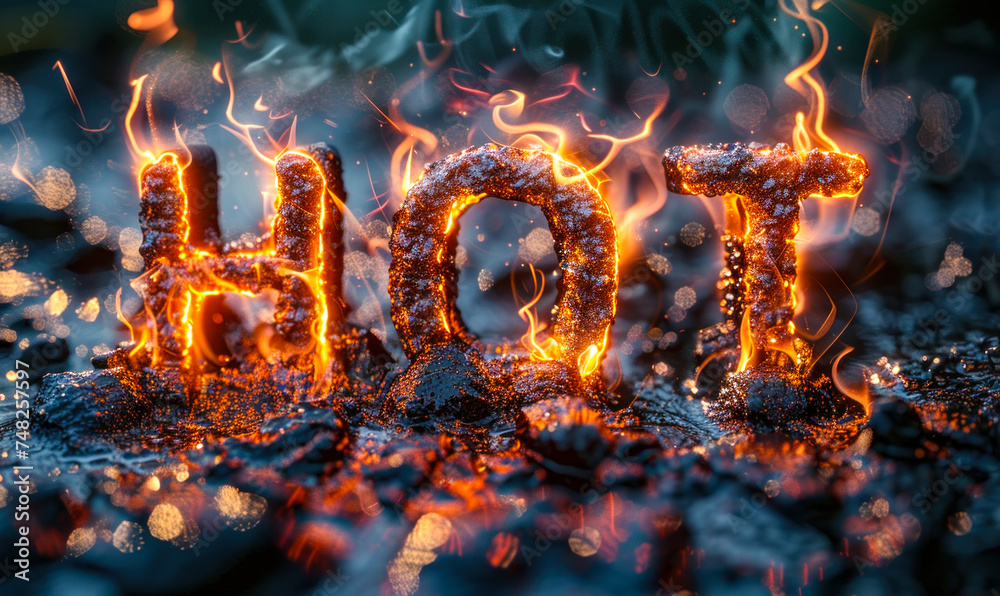 Blazing letters spelling HOT with fiery flames on a scorched surface ...