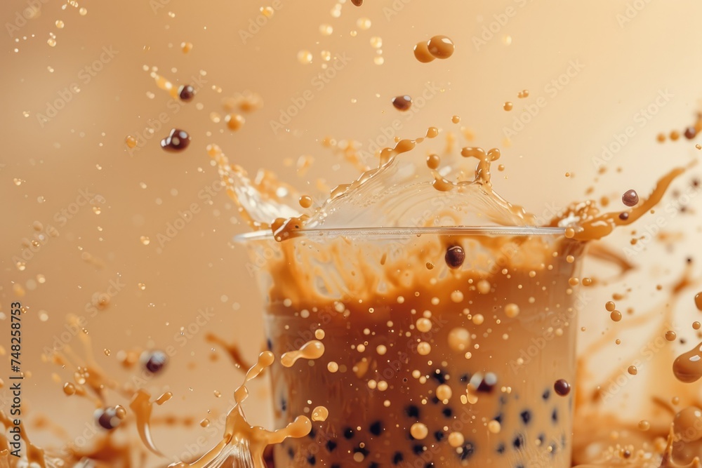 brown sugar boba tea splash Thai bubble tea with tapioca pearls Stock ...