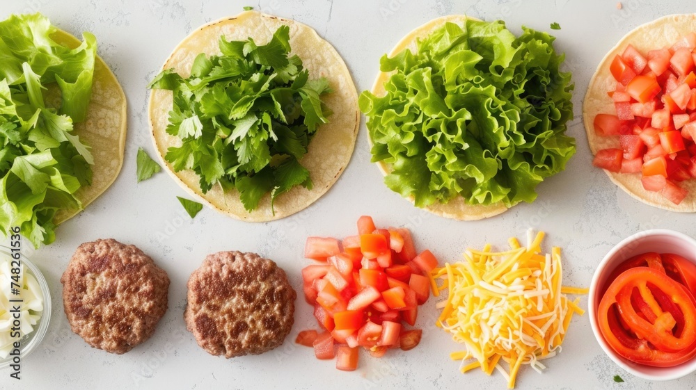 ingredients, including smashed burger patties, fresh lettuce, diced ...