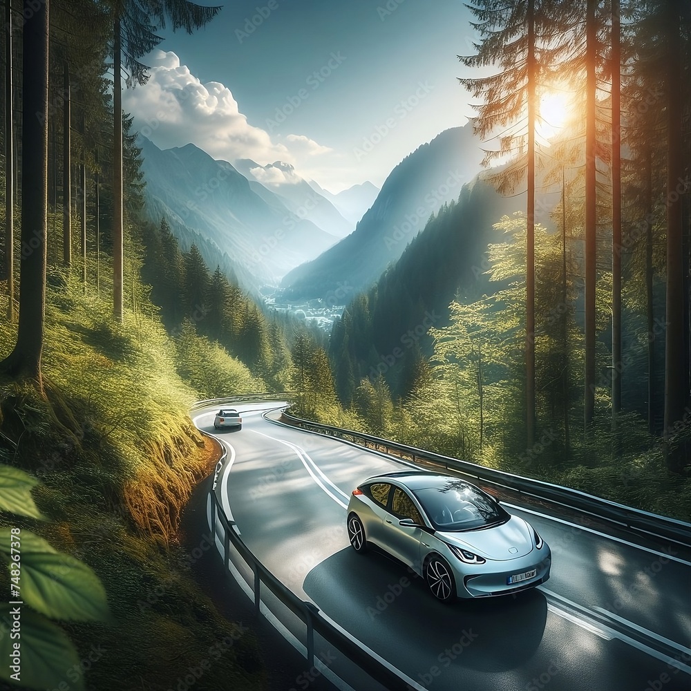 EV (Electric Vehicle) electric car is driving on a winding road that ...