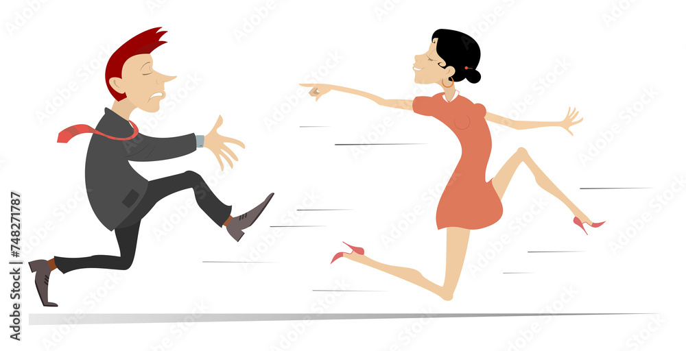 Young woman runs away from the man. Upset man trying to catch up a ...