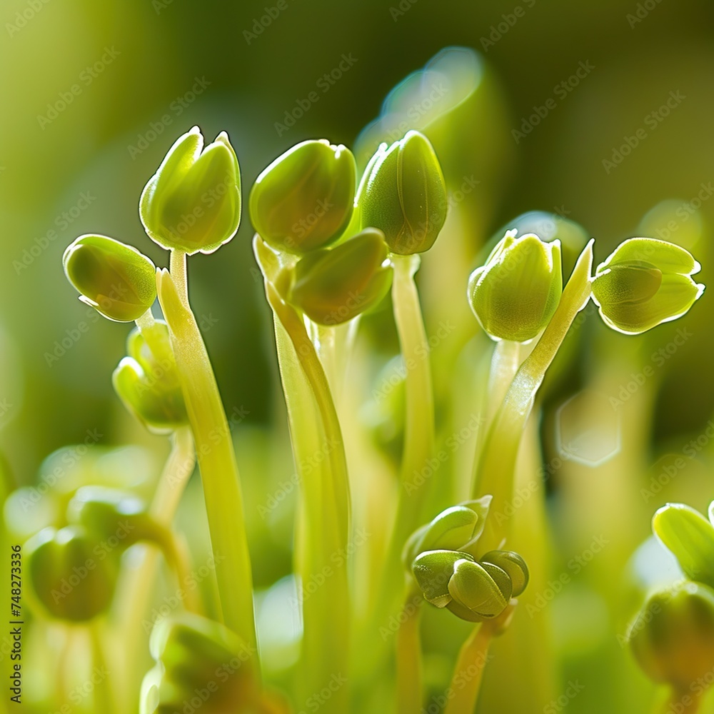 Sprouts of sunflower sprouts, cress on a green background. Macro A ...