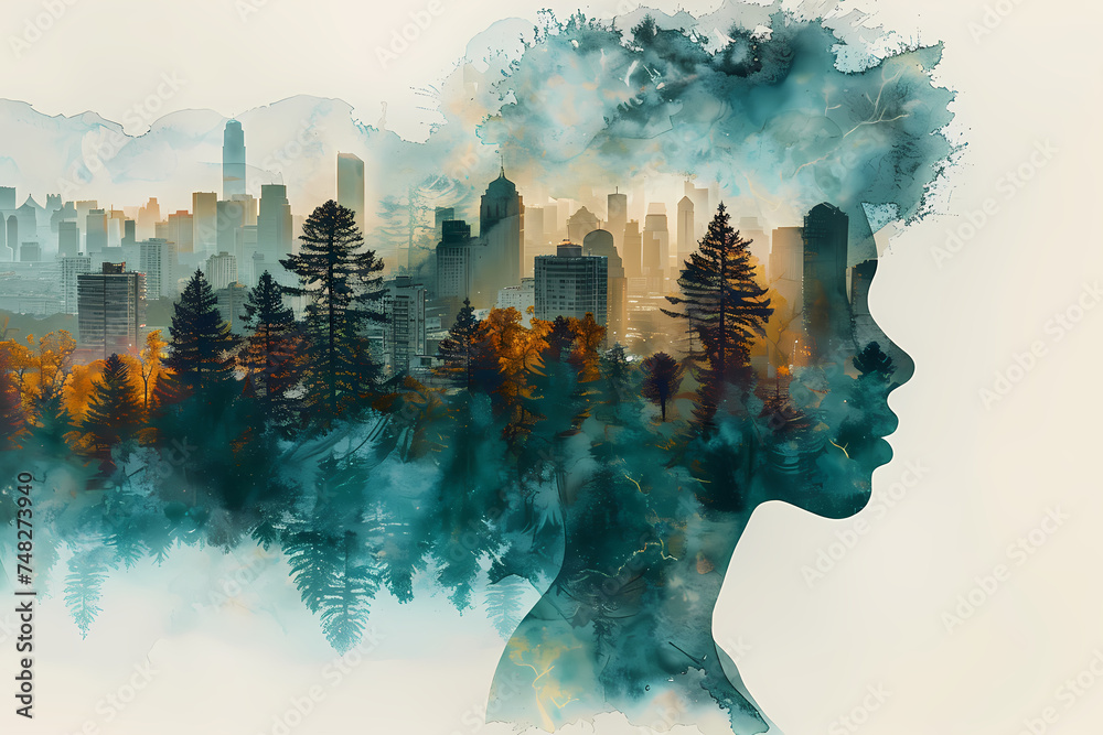 Double exposure watercolor portrait of woman with forest and World ...