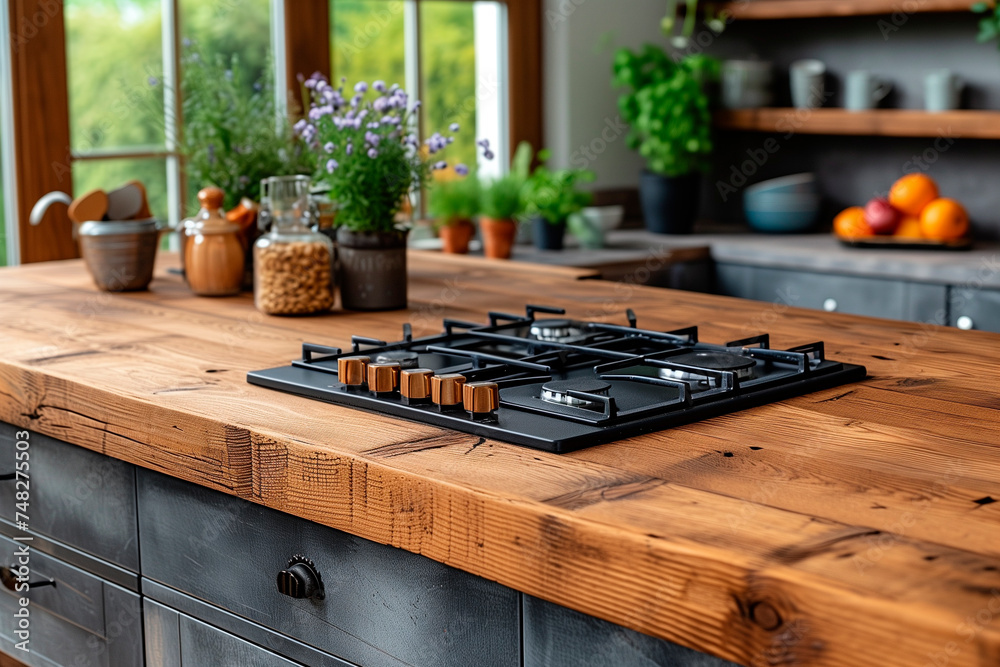 Wooden table surface with modern stove top on blurred background of ...