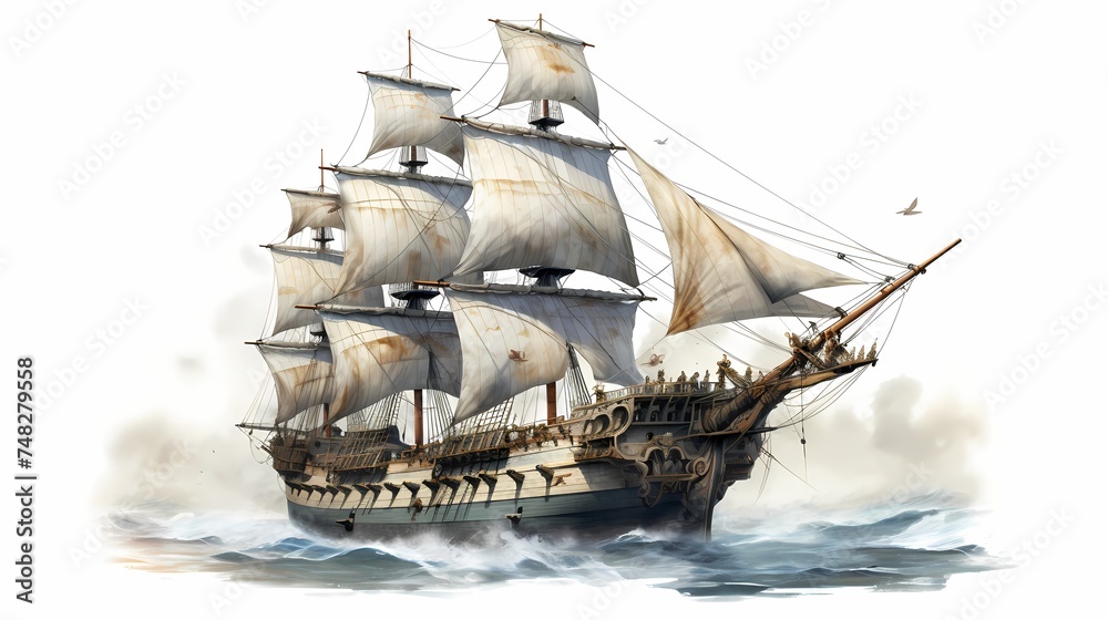 Old wooden ships. Cartoon sailing ship, wind sail boat pirate frigate ...