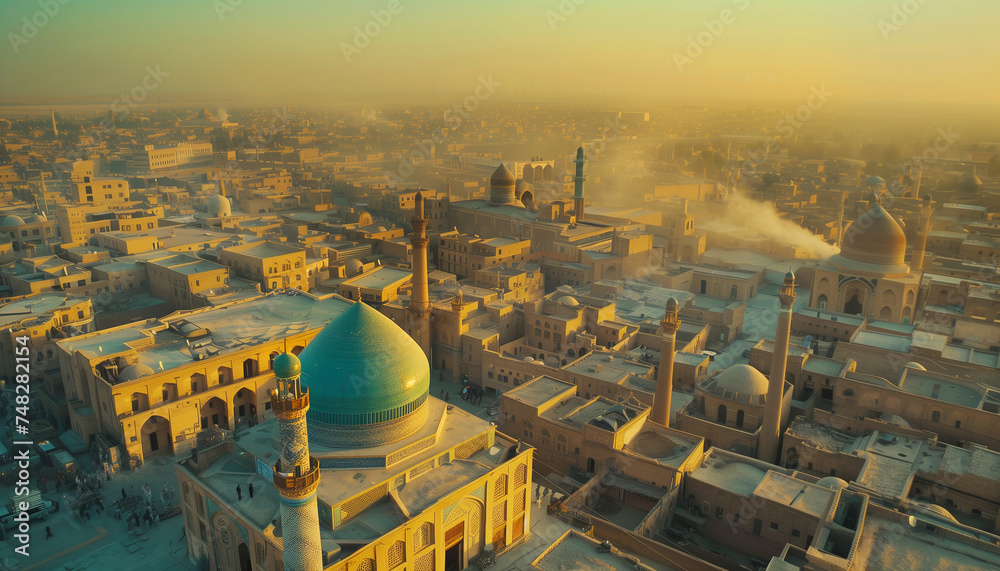 Foto de Drone's Eye View: Dusty Middle Eastern Muslim City at Sunset ...