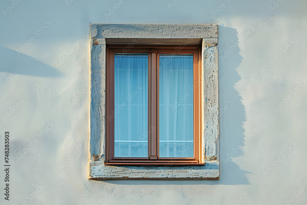brown big pvc window, set on a house milky white wall, seen from the ...