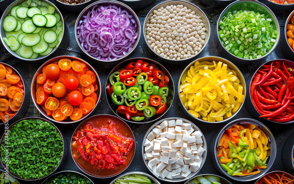Fresh chopped vegetables, tofu, chickpeas in bowls top down view. sous chef prepped veggies ...