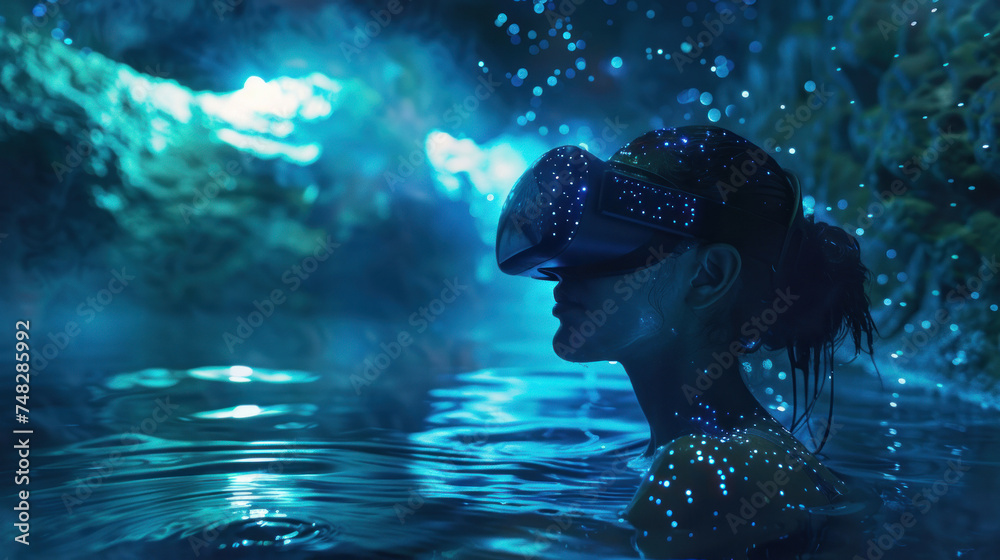A woman is submerged in water using VR, surrounded by a mystical ...