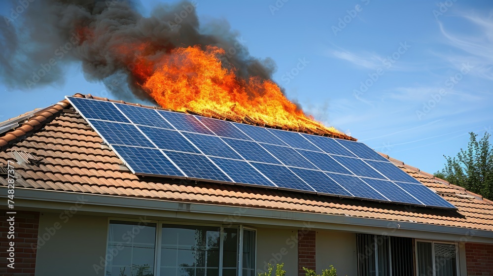 House roof with solar panels ablaze and smoke rising. Stock Photo ...