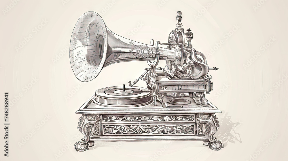Vintage Phonograph Sketch: A detailed sketch of a vintage phonograph ...