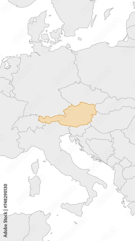 Austria country map on the world map. Vertical Video Animation of map ...