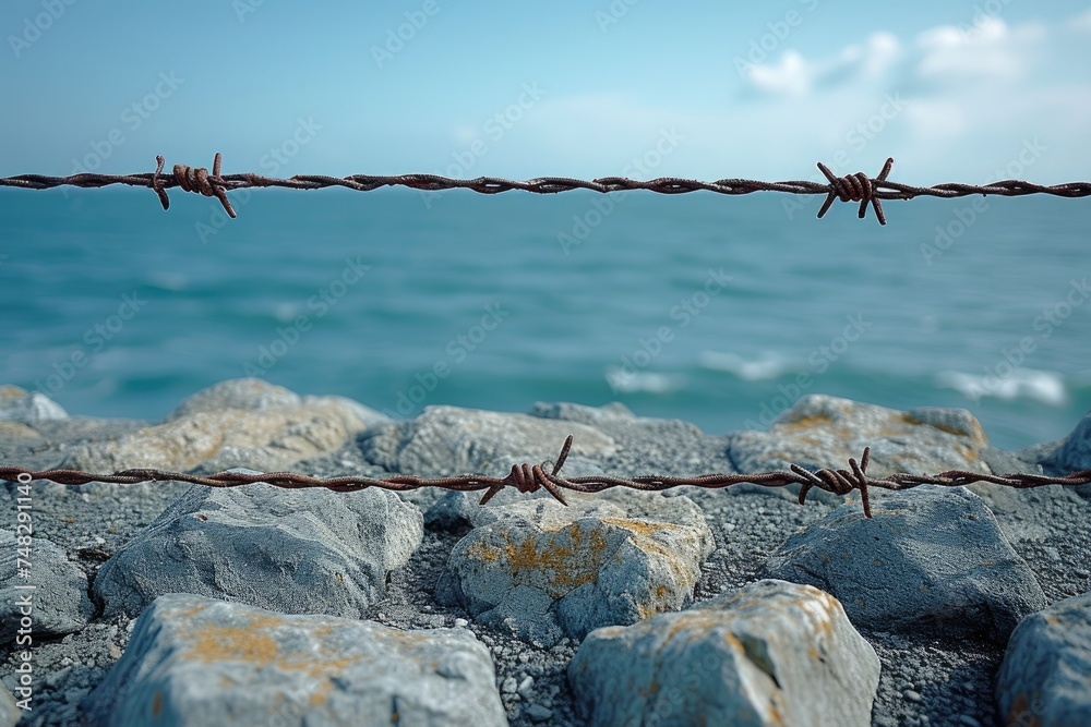 Border with a barbed wire on seacoast. Modern barbed wire background ...