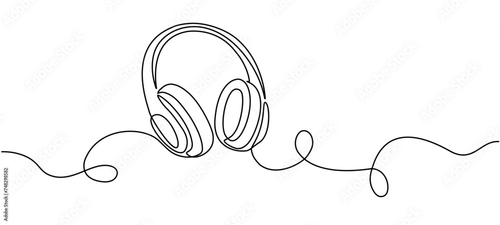 Continuous editable line drawing of headphones. Musical sound wave ...