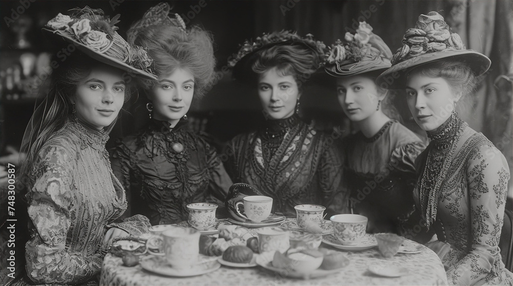 Group photo of women in hats in cafe, vintage photo 1880, 19th century ...