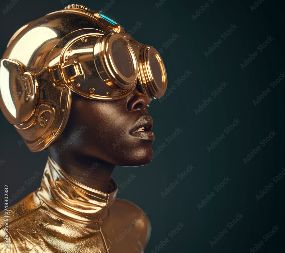 Female golden warrior futuristic robot, robotic costume with artificial ...