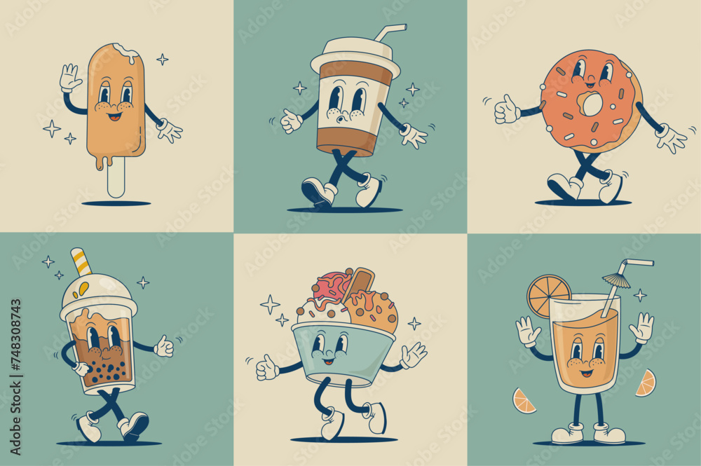 Retro cartoon sweet food and beverage characters vector illustration ...