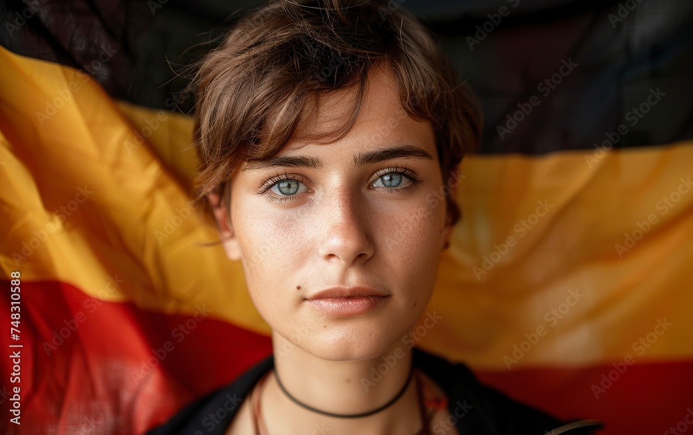 A young German woman in front of the Germany flag with a look ...
