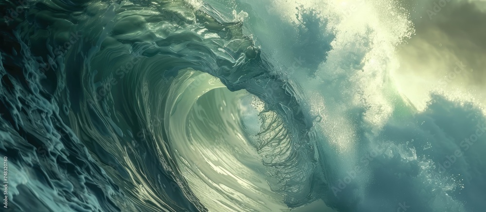 A large, powerful wave rises in the middle of the ocean, displaying its ...