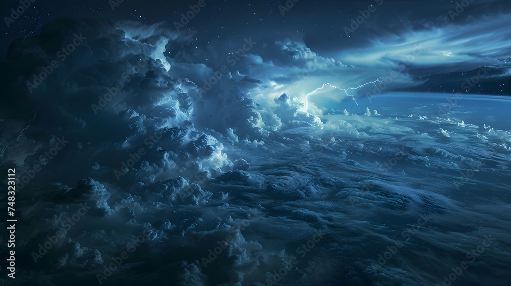 Thunderstorms dark sky seen from space High-altitude light up the night ...